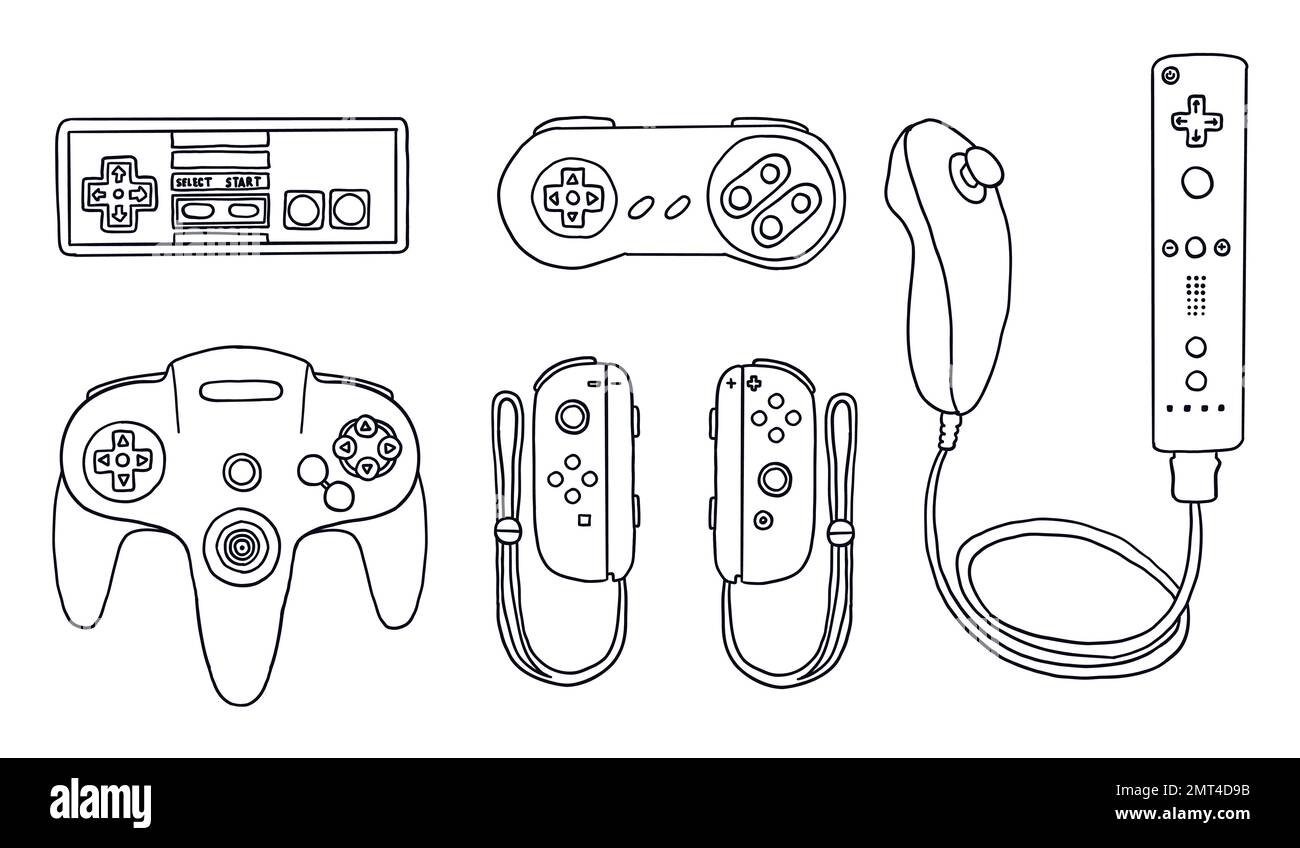 Hand-drawn game controllers set. Vector illustrations in outline doodle ...