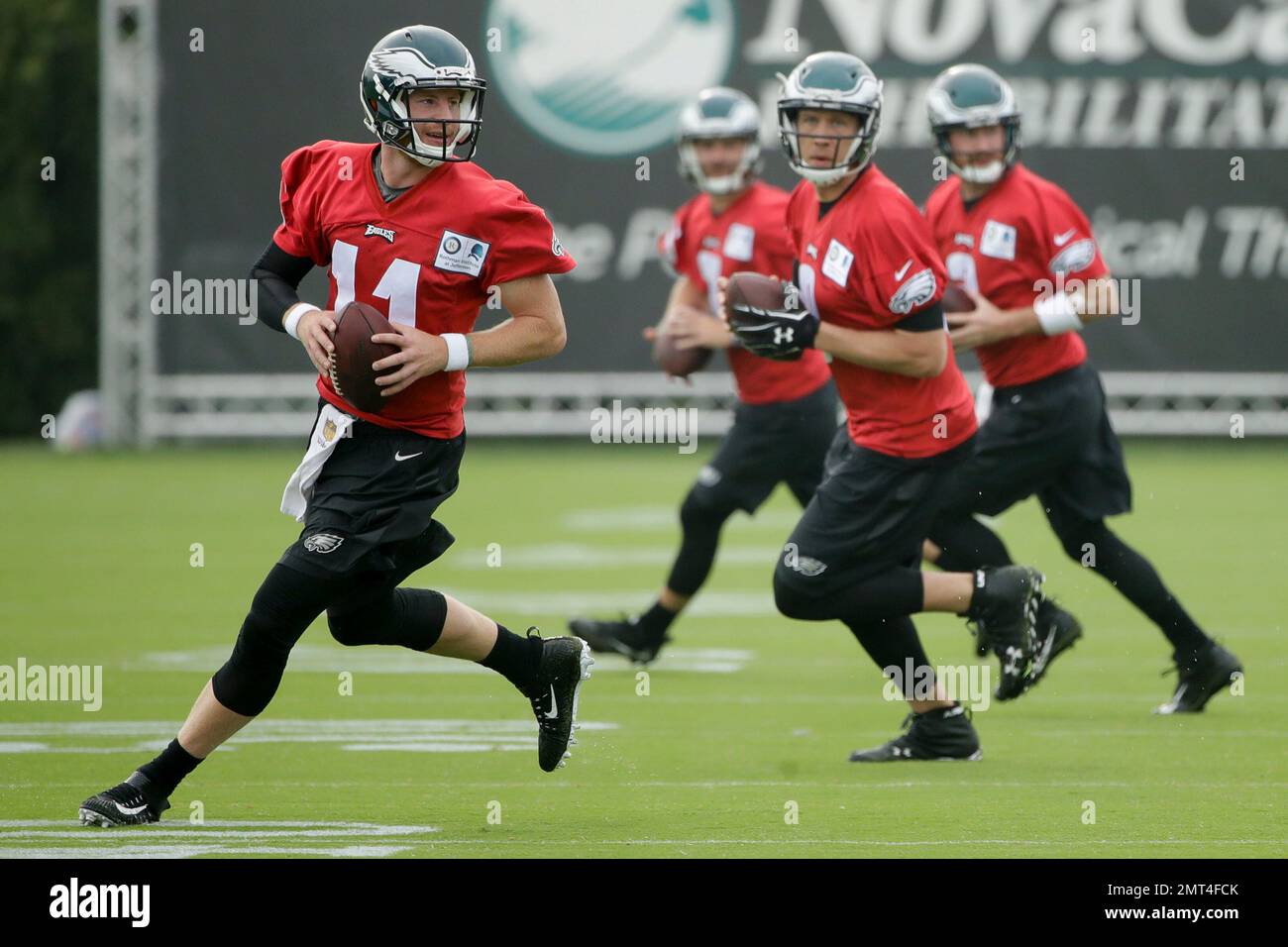 Philadelphia Eagles quarterbacks from left, Carson Wentz, Dane Evans ...