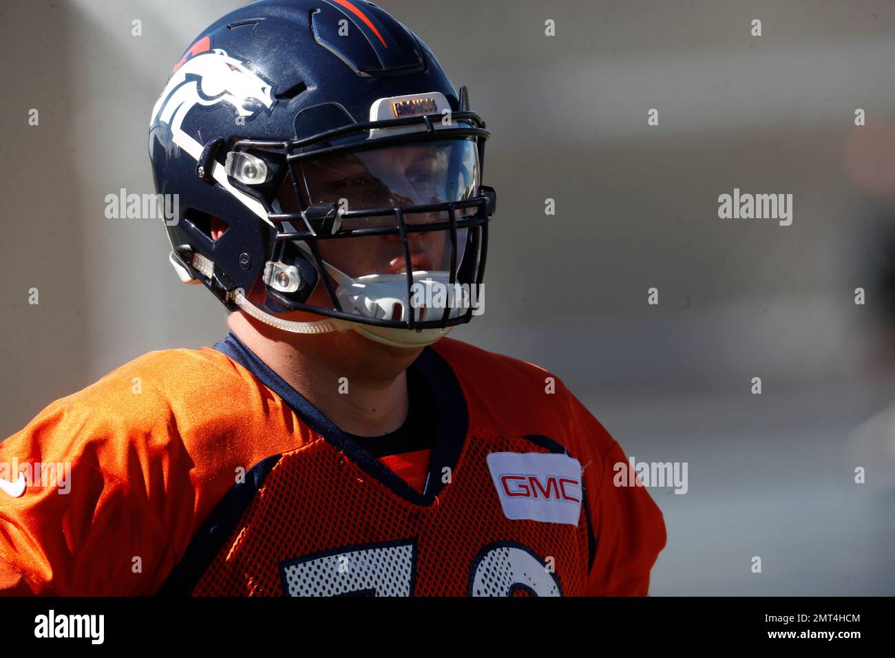 Denver Broncos offensive tackle Garett Bolles (72) takes part in drills ...