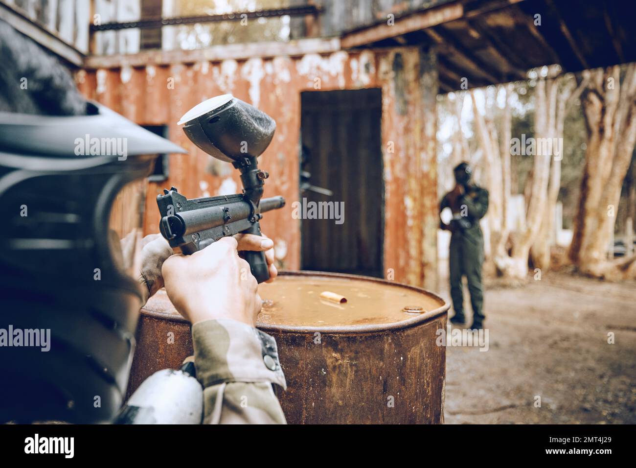 War, shooting and men playing paintball, army training and team sports ...