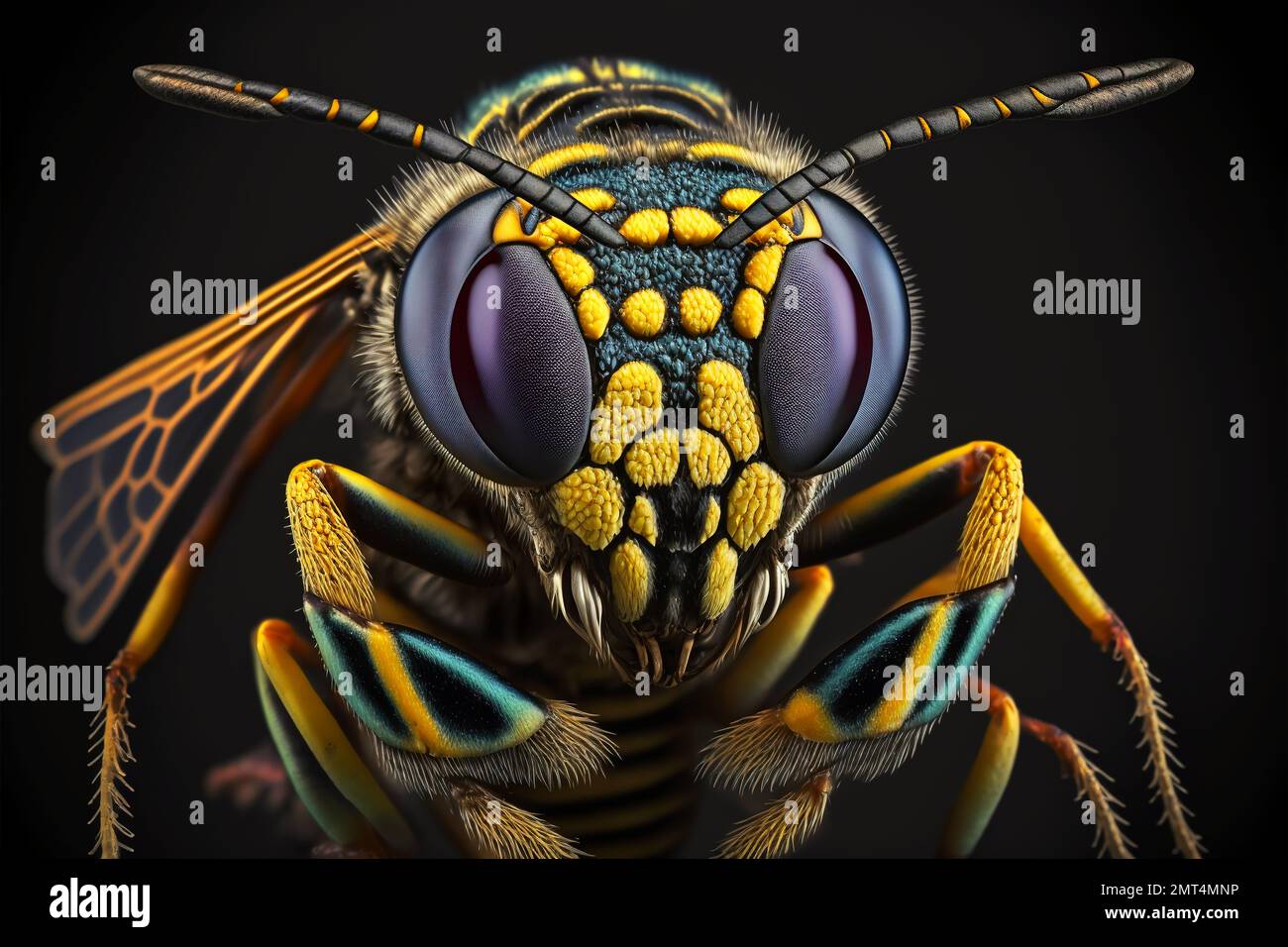 Ultra extreme macro of wasp (Vespula vulgaris) head on black background ...