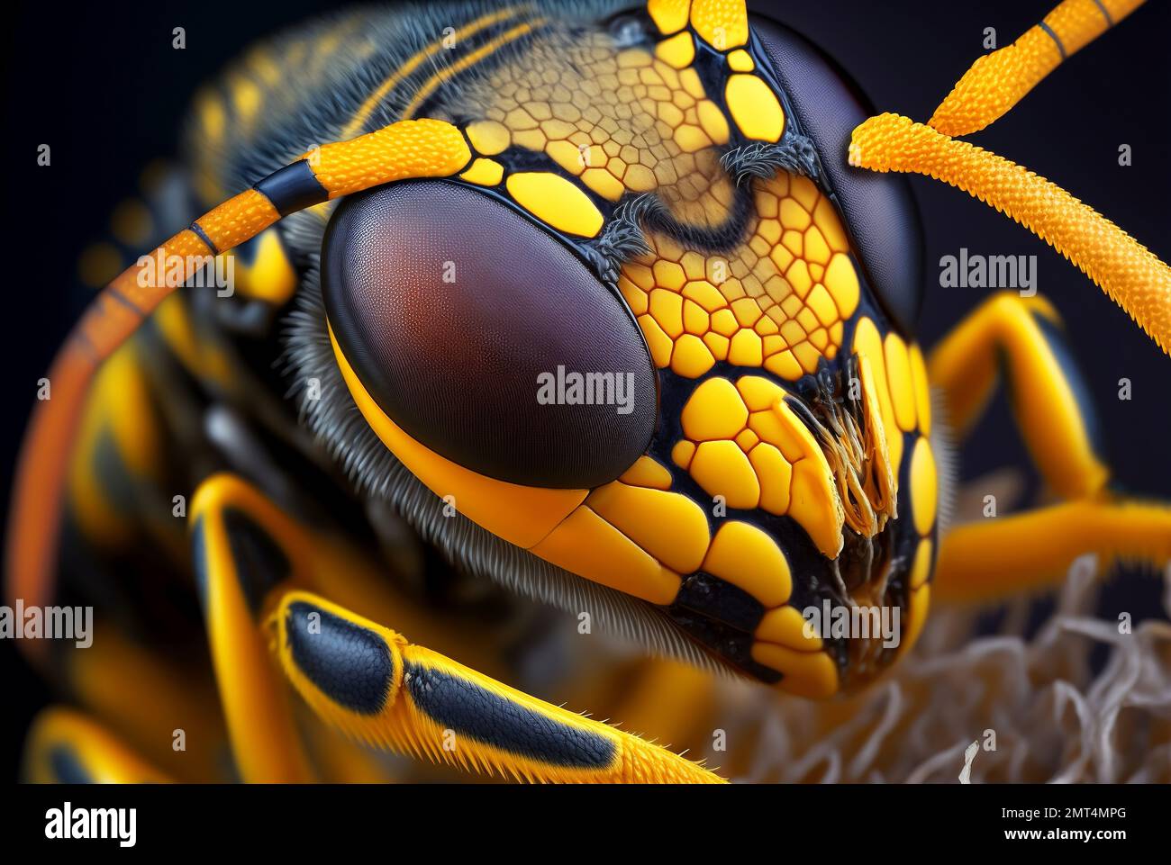 Ultra extreme macro of wasp (Vespula vulgaris) head on black background ...