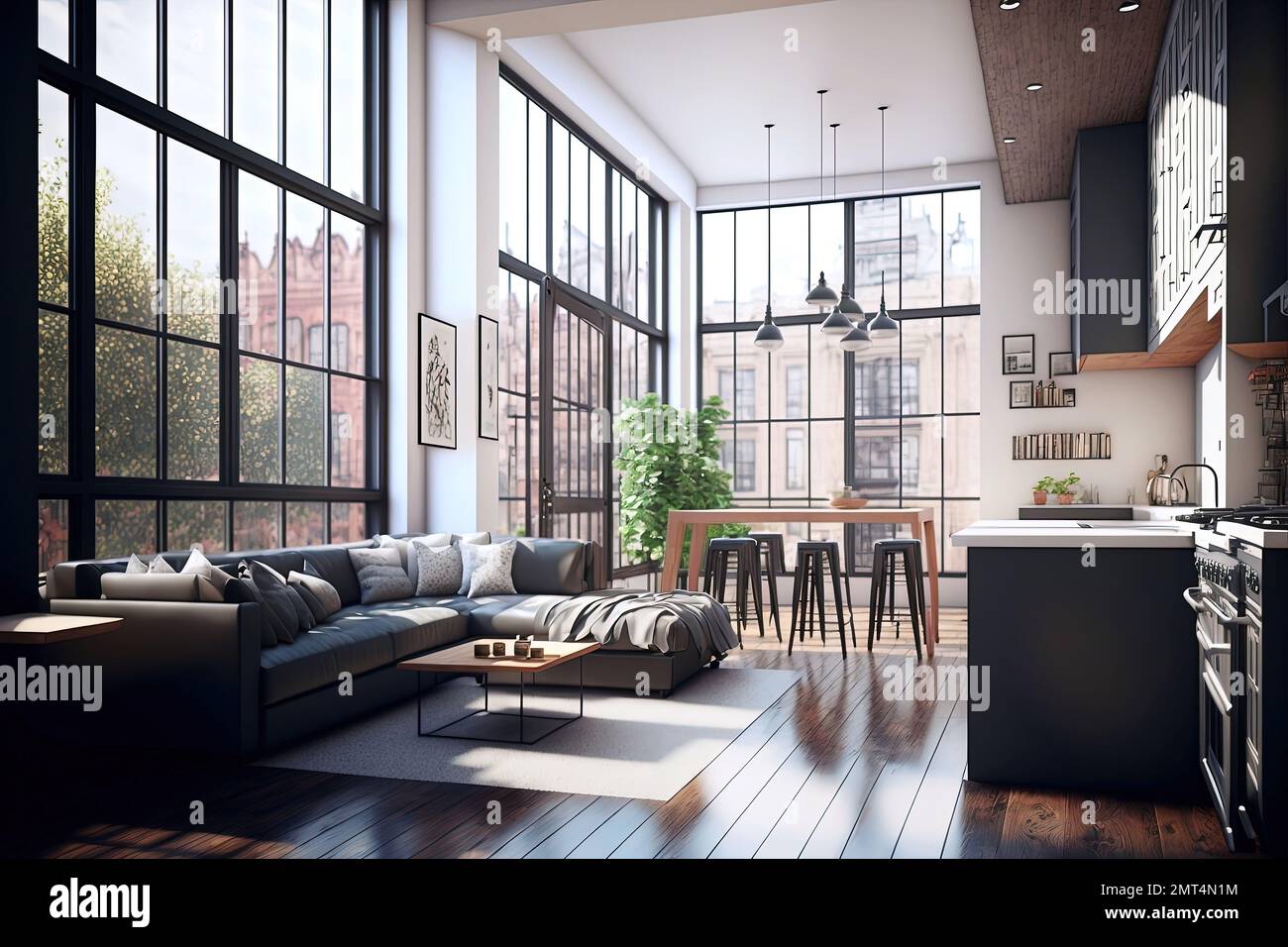 Modern cozy open plan kitchen with living room interior with brown ...