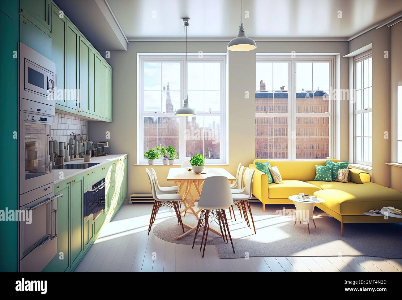 Cozy open plan kitchen with living room interior with white wooden ...