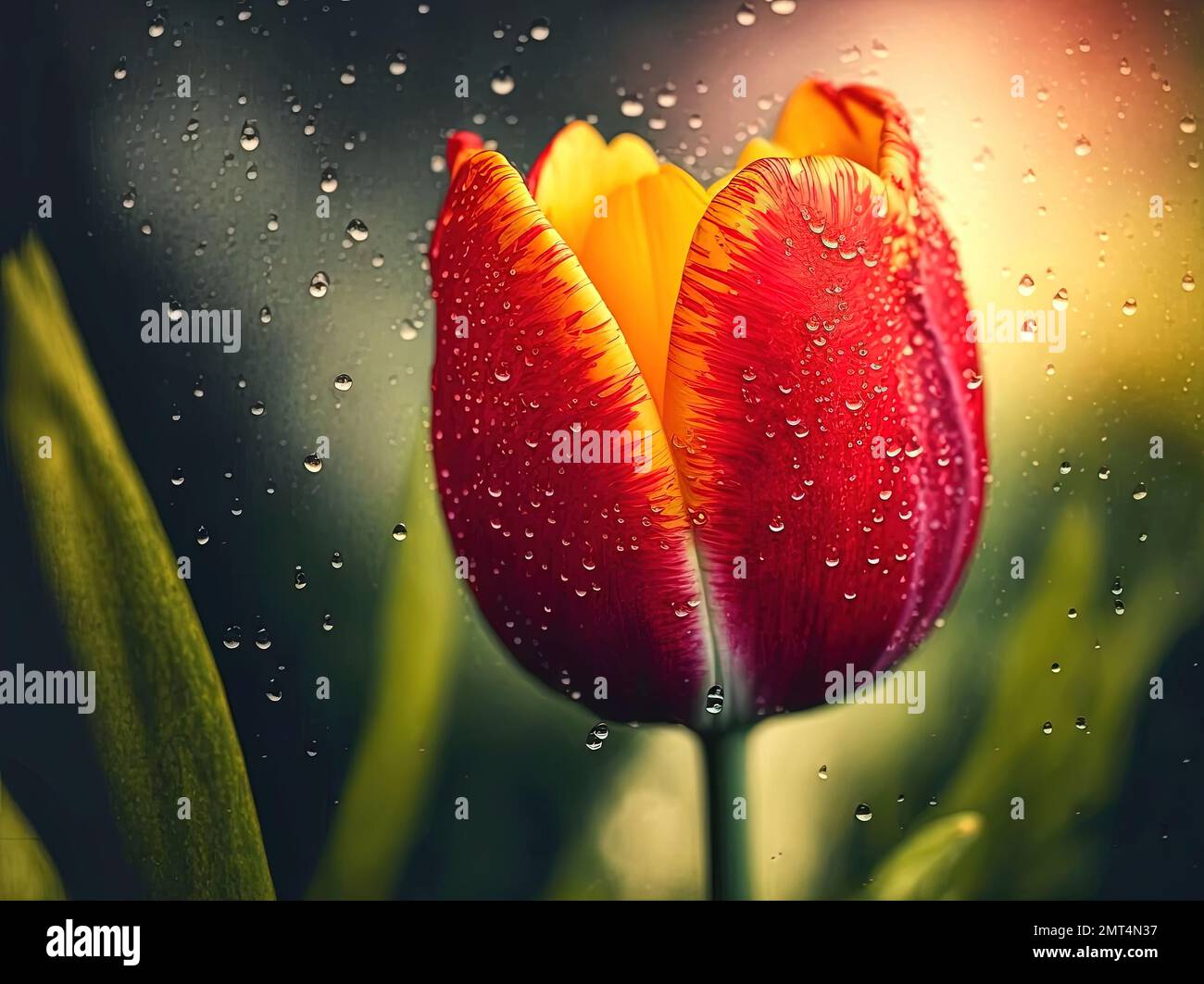 Closeup of bright and colorful red tulip blossom with yellow edges in ...