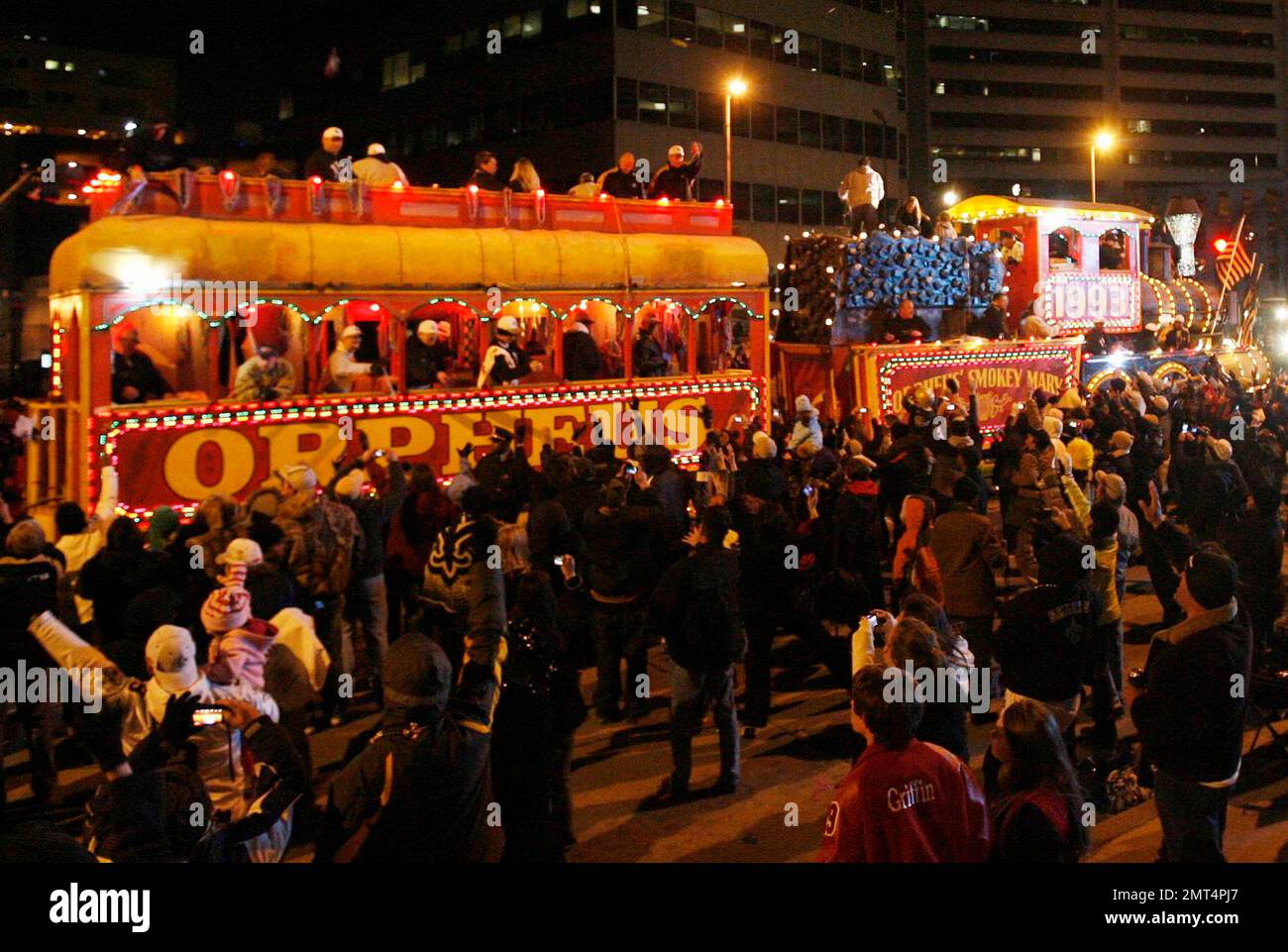 The New Orleans Saints celebrate during the team's victory parade after their Super Bowl win ...