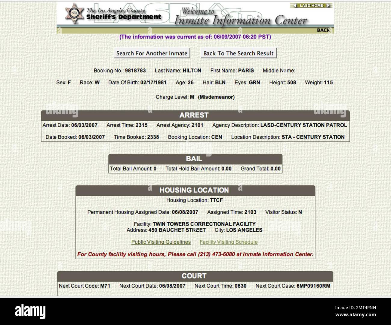 This is the new booking information that shows Paris Hilton was sent ...