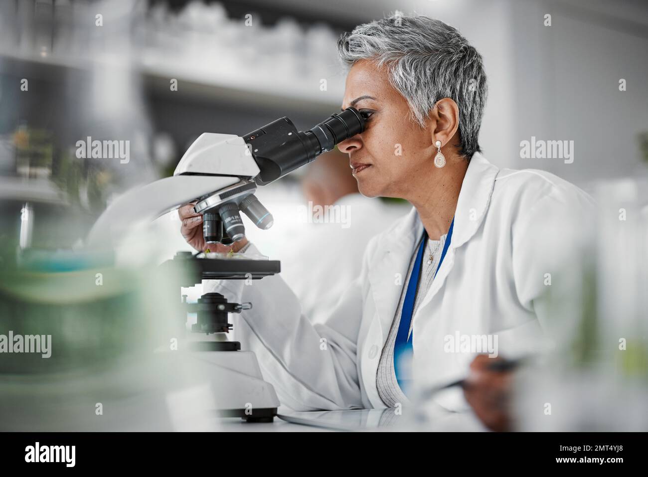 Scientist, senior woman and lab with microscope, research or plants ...