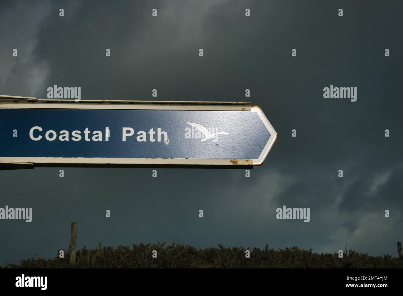 A coastal path sign pointing towards the beach on a stormy day Stock ...