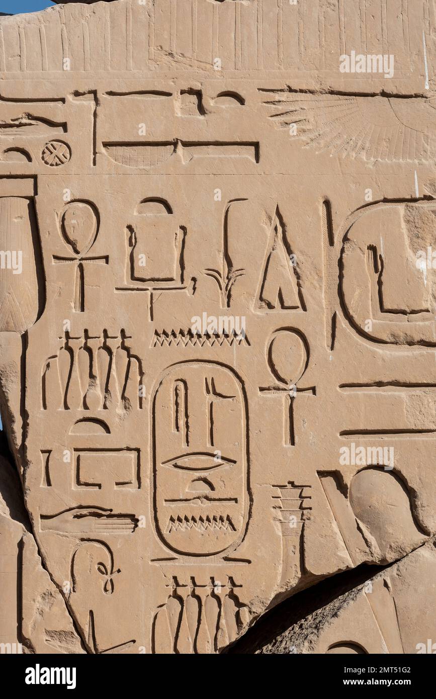 Ancient Egyptian stone cartouche hieroglyphic relief detail at Karnak ...
