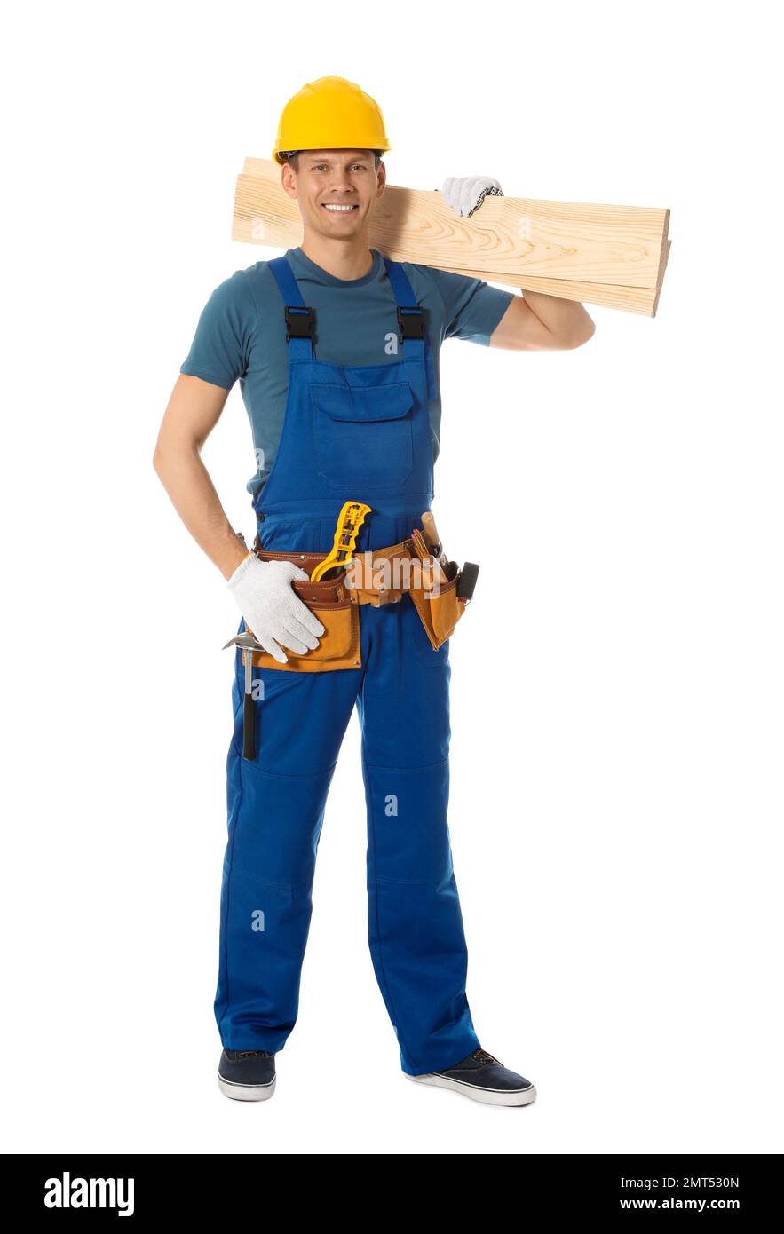 Handsome carpenter with wooden planks isolated on white Stock Photo - Alamy