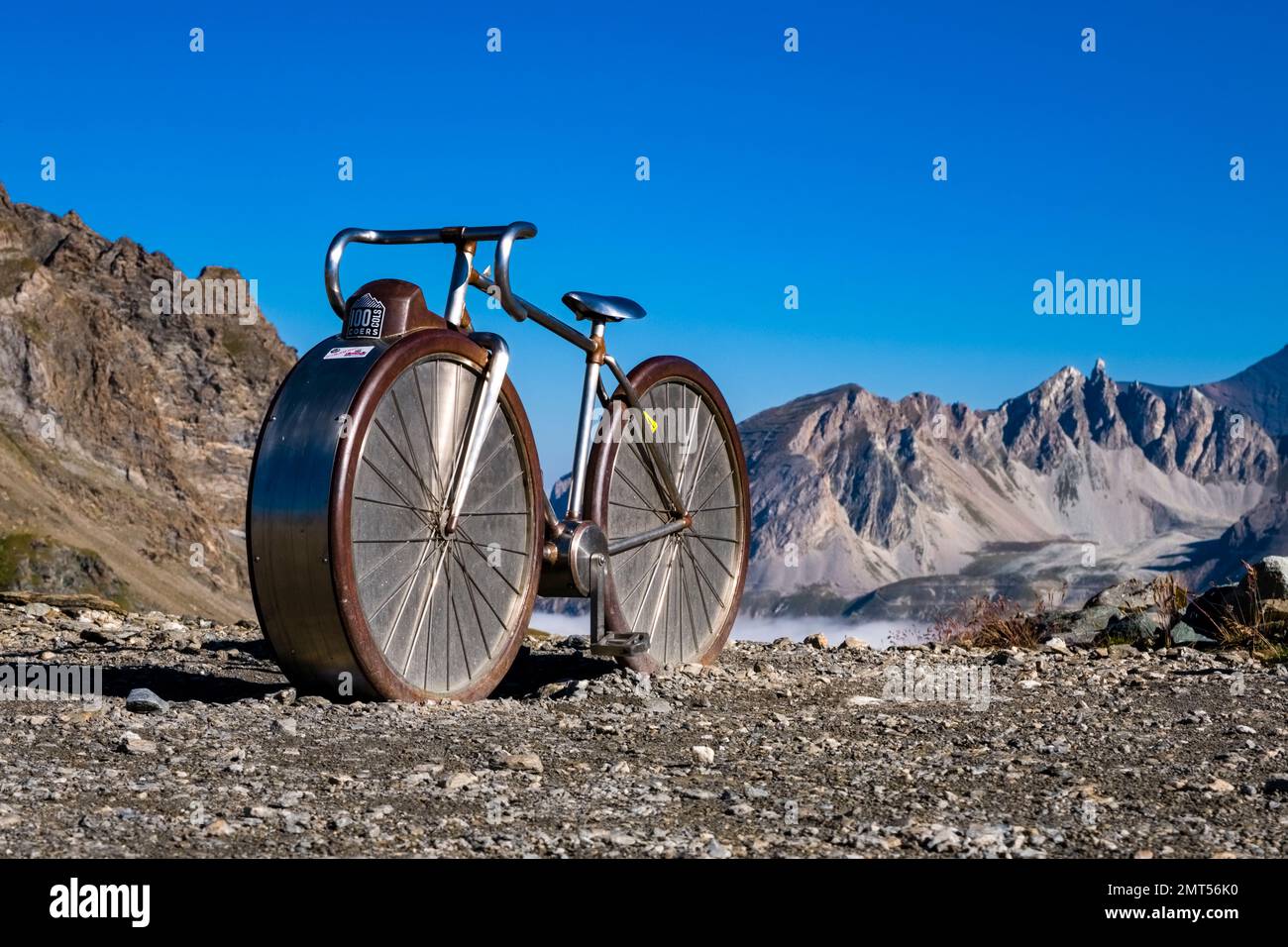 Metal sculpture of a bicycle on top of Col de L'Iseran 2770 m, the ...