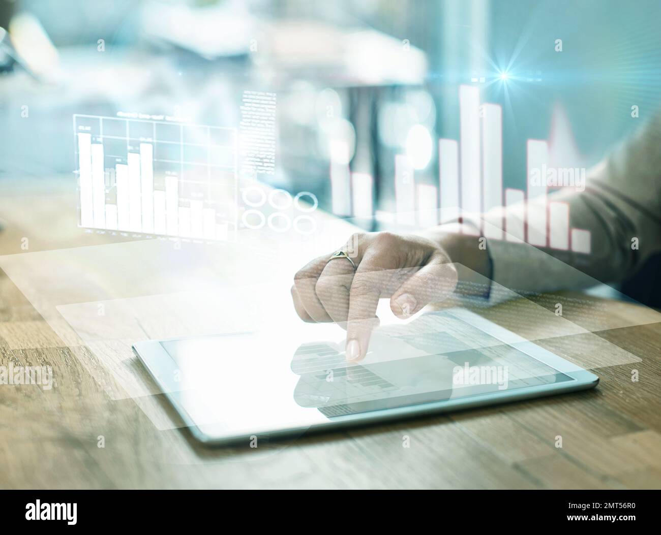 Overlay, hands and tablet for finance, future and check online markets ...