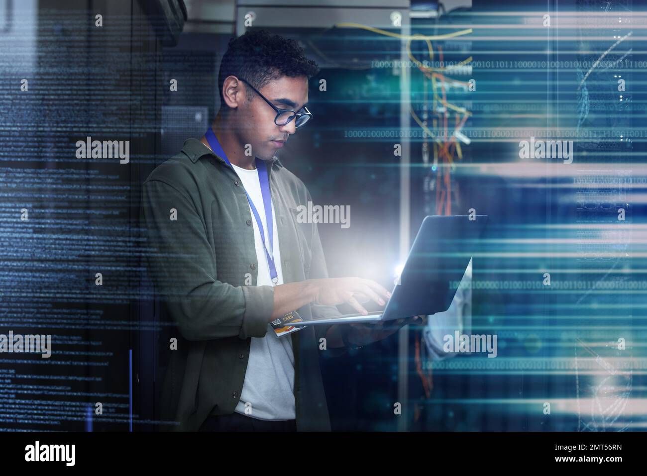 Server room, laptop and man with date overlay for cyber security ...