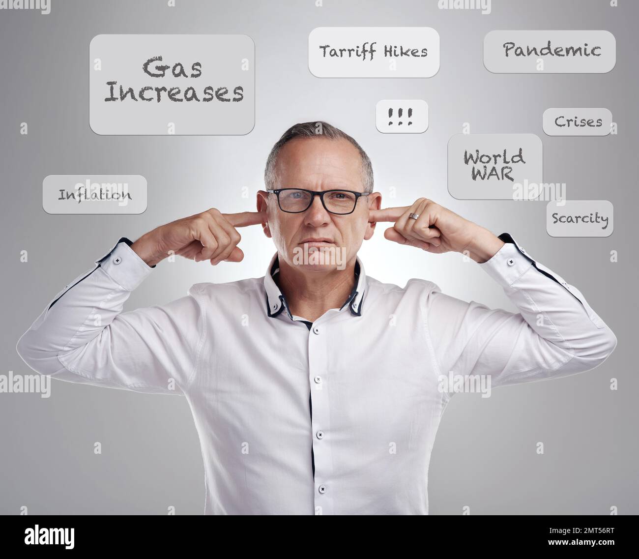 Portrait, economy and inflation with a business man in studio on a gray ...