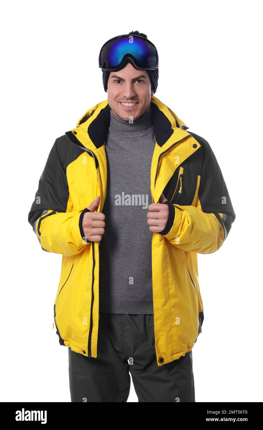Man wearing stylish winter sport clothes on white background Stock ...