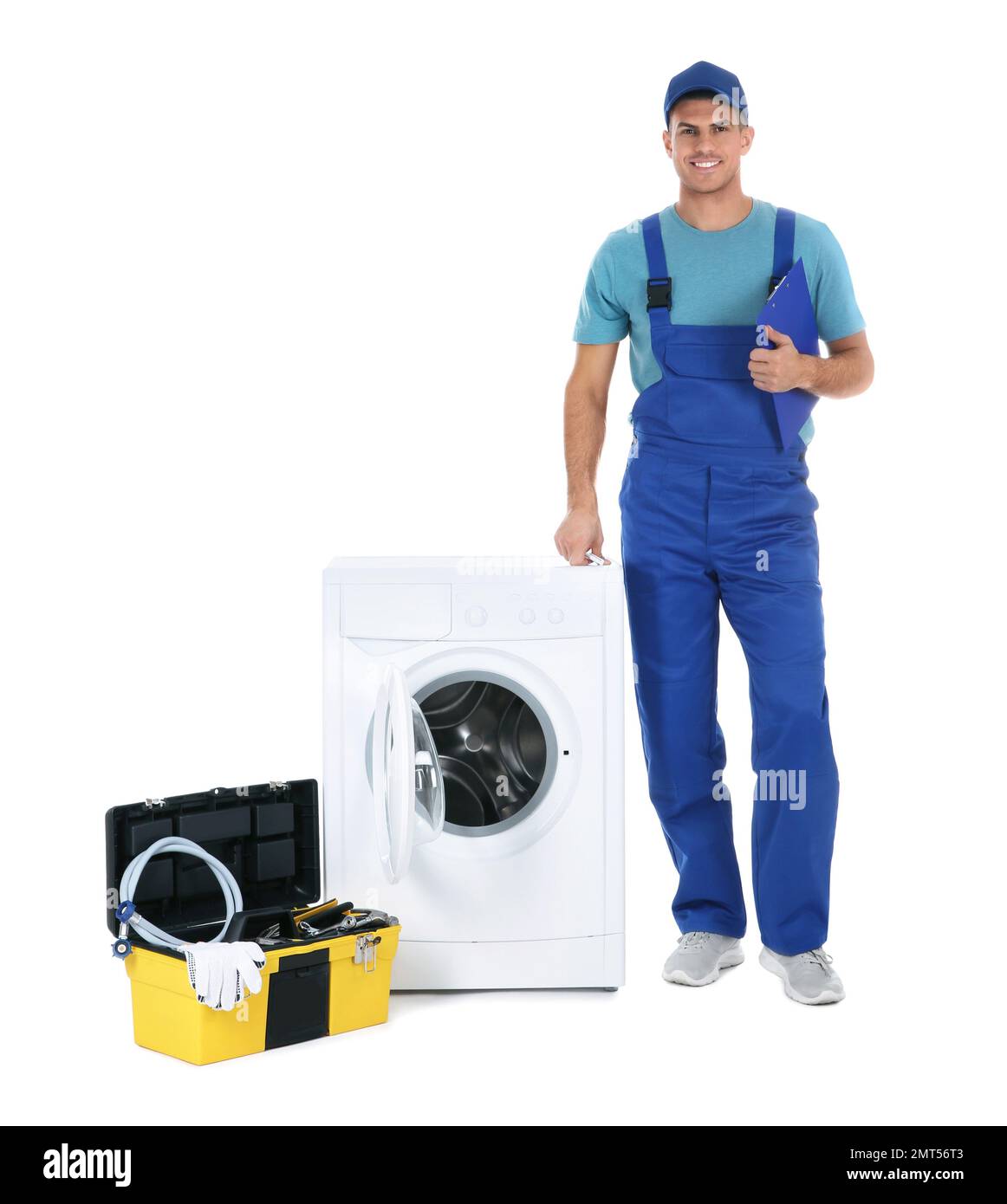 Repairman with clipboard and toolbox near washing machine on white ...