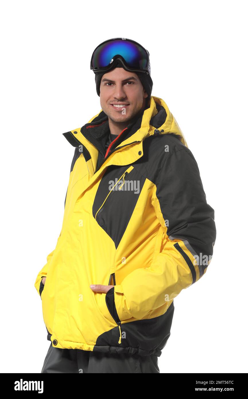 Man wearing stylish winter sport clothes on white background Stock ...