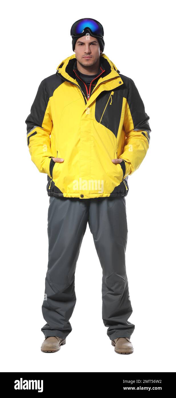 Man wearing stylish winter sport clothes on white background Stock ...