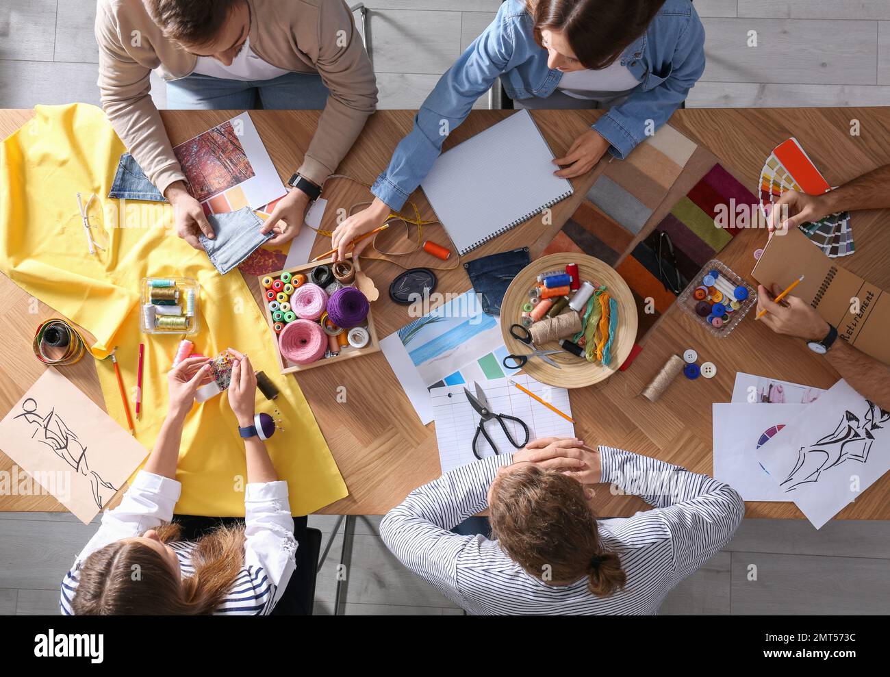 Fashion designer creating new clothes in studio, top view Stock Photo ...