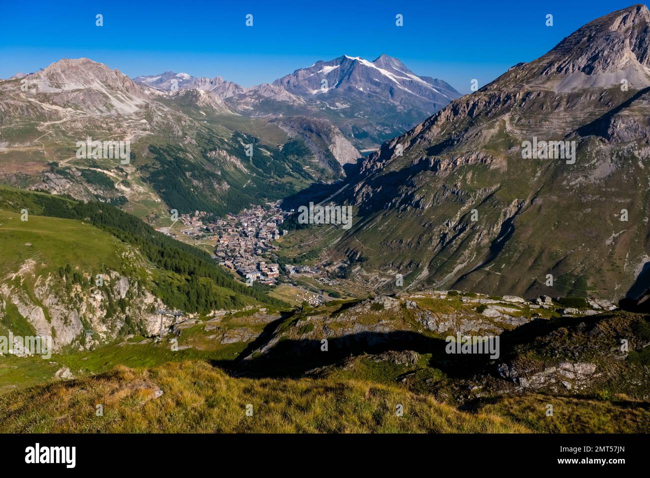 Aerial view on the town Val-d'Isère from below Col de L'Iseran 2770 m ...