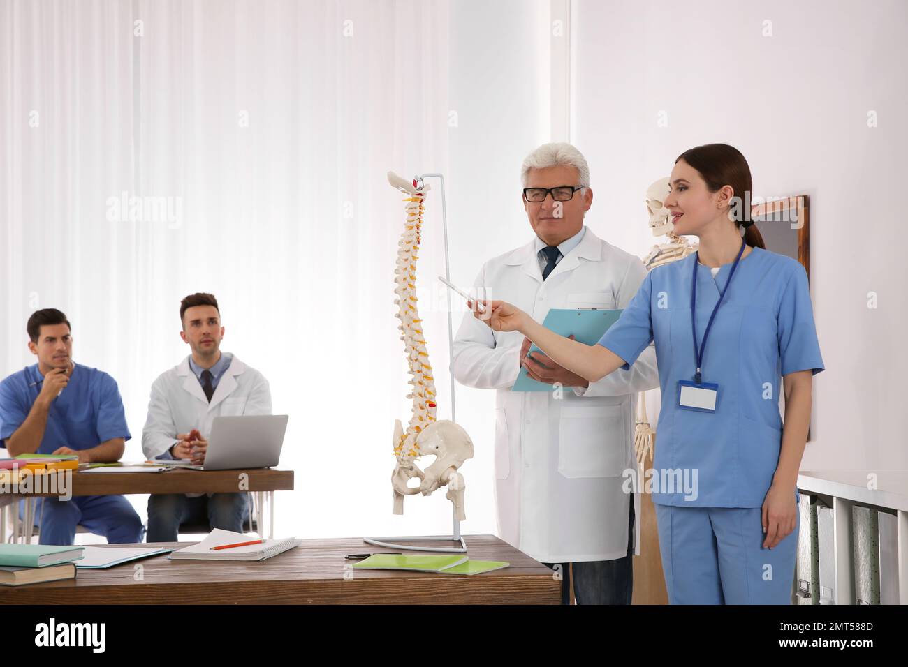 Medical students and professor studying human spine structure in ...