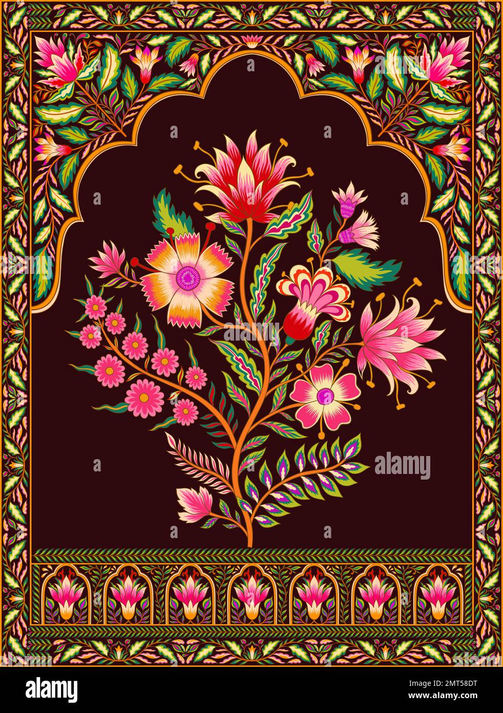 Mughal floral traditional ornament with an arch and a motif borders ...