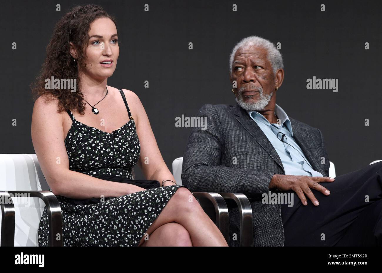Megan Phelps-Roper, left, and host/executive producer Morgan Freeman ...