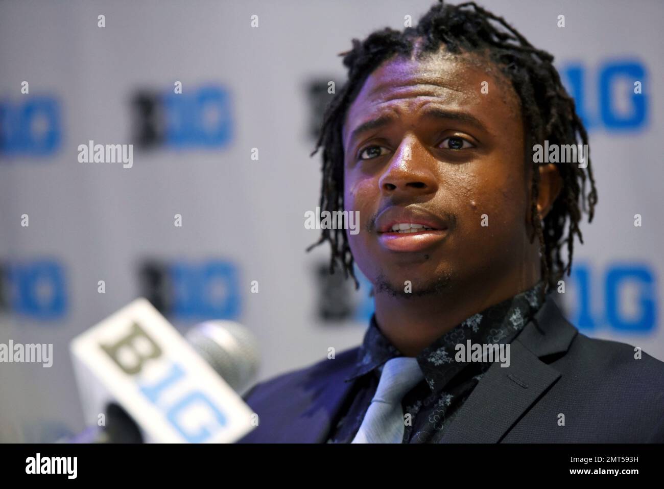 Northwestern safety Godwin Igwebuike speaks during Big Ten football media days in Chicago ...