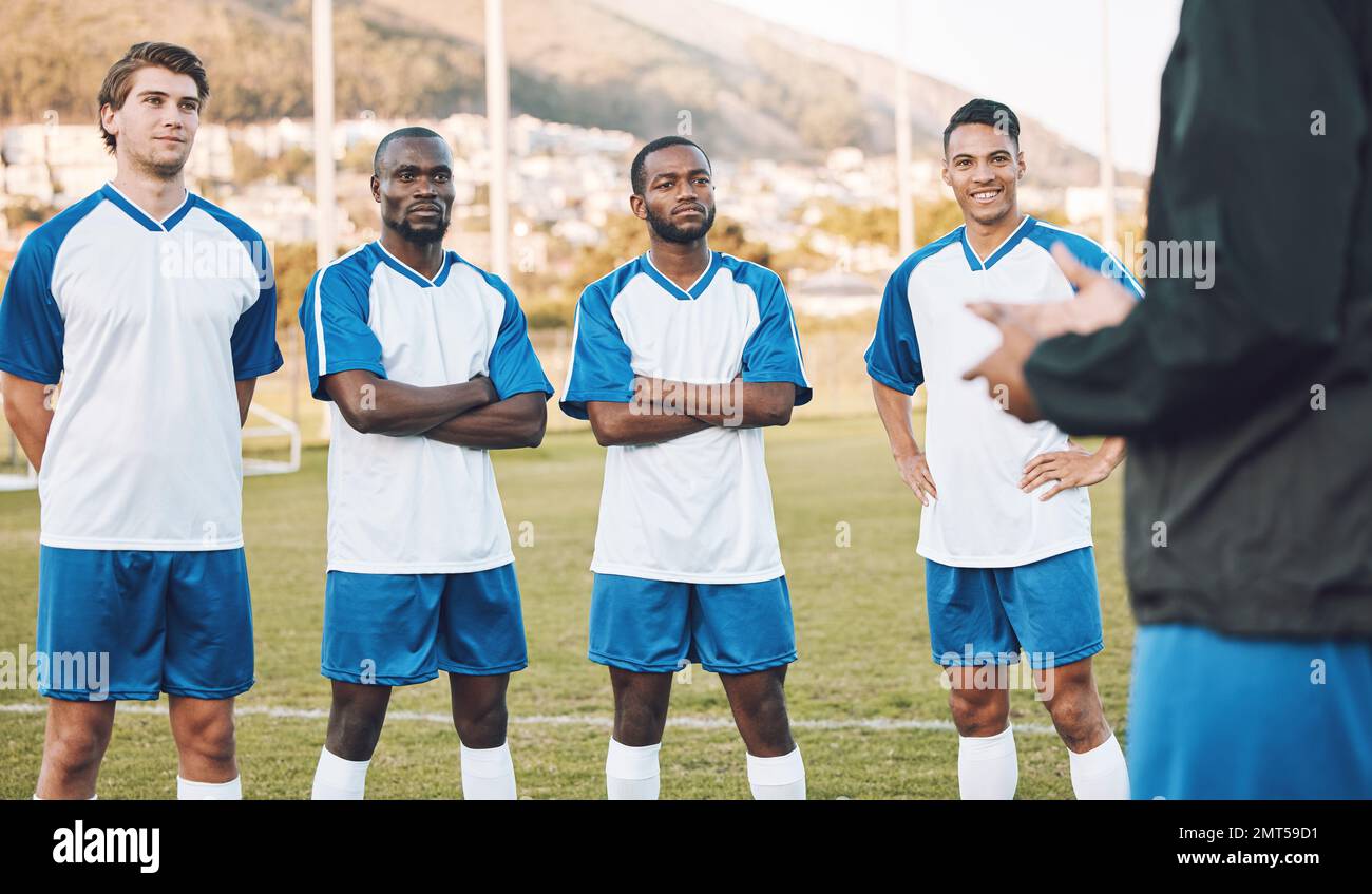 Team, football player and coaching on field for sports training, games ...