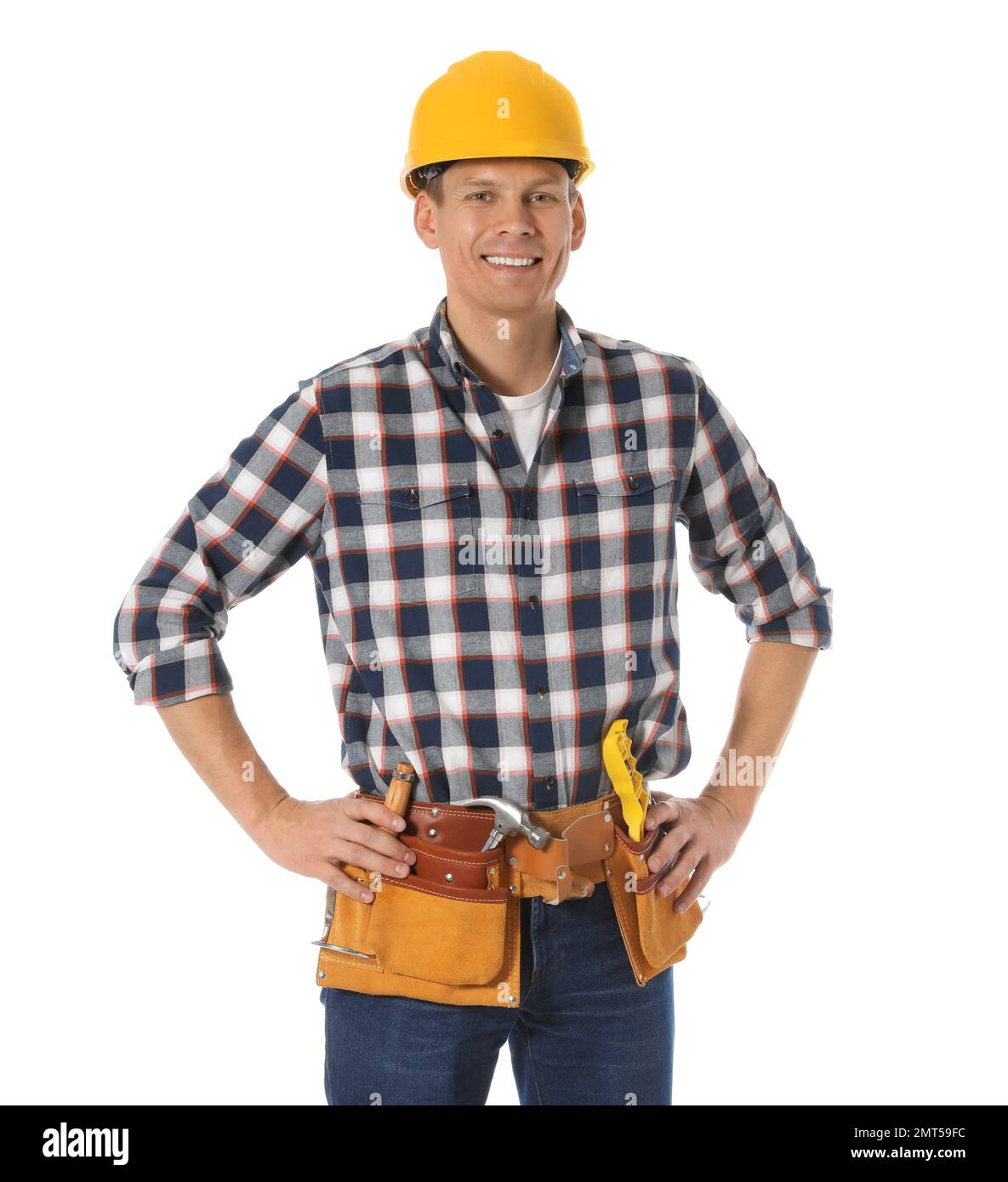 Handsome carpenter with tool belt isolated on white Stock Photo - Alamy