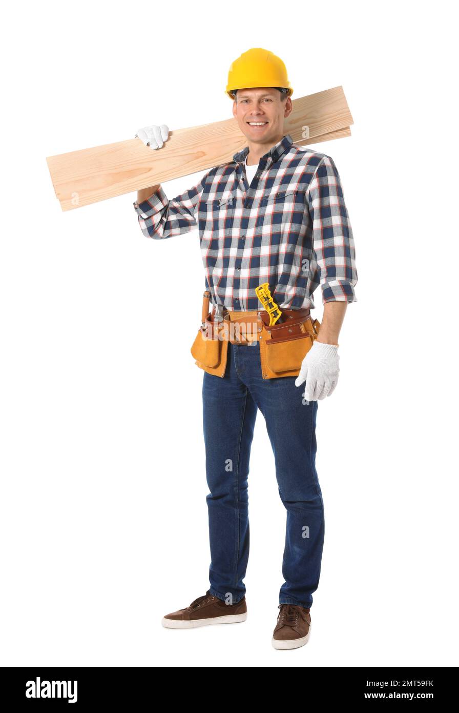 Handsome carpenter with wooden planks isolated on white Stock Photo - Alamy