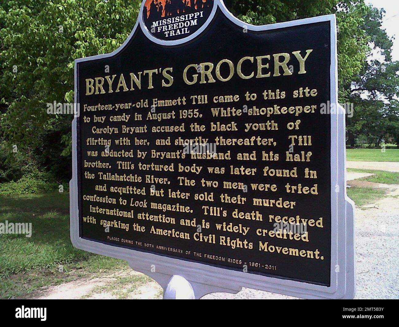 This June 2012 photo shows a historic sign commemorating the lynching ...