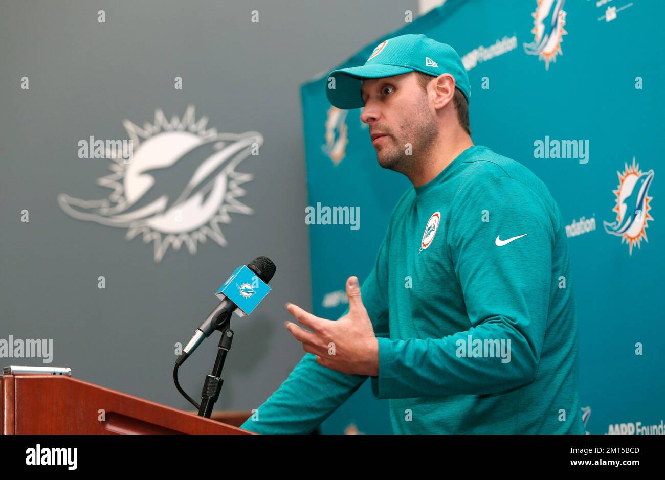 Miami Dolphins head coach Adam Gase gestures as he speaks during a news ...