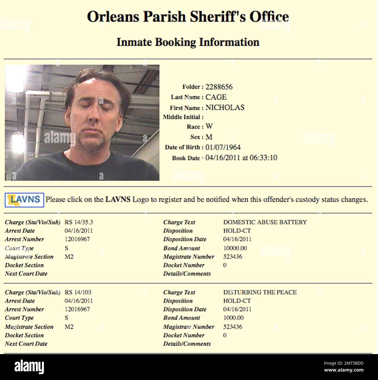 The arrest report of actor Nicolas Cage after he was arrested at 6:33 ...