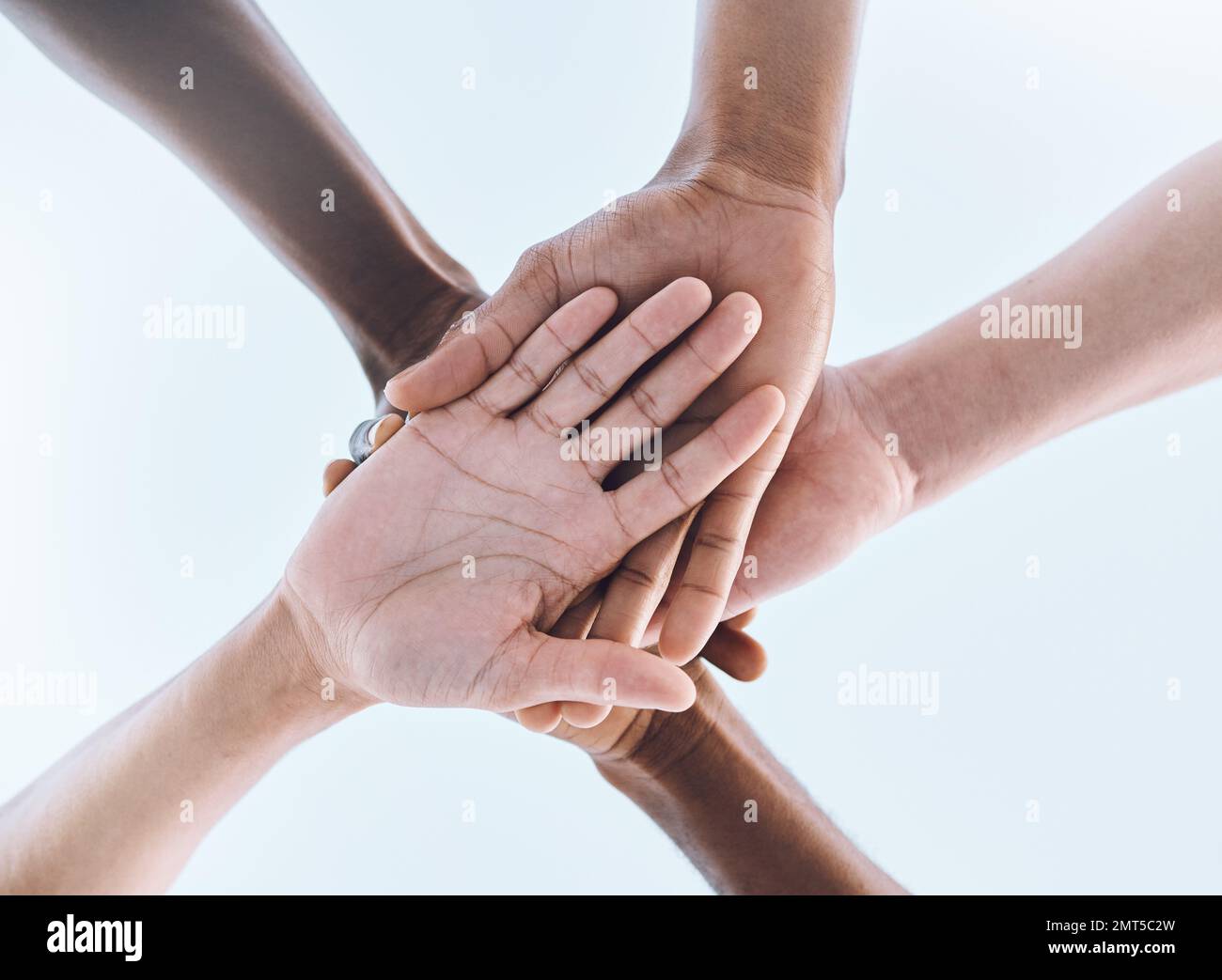 Sports, teamwork and stack of hands for support, motivation and ...
