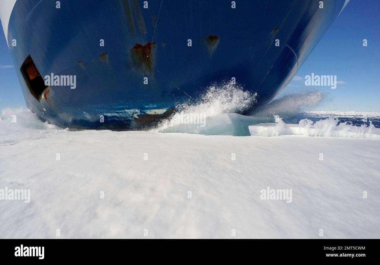The bow of the Finnish icebreaker MSV Nordica drives through sea ice as ...