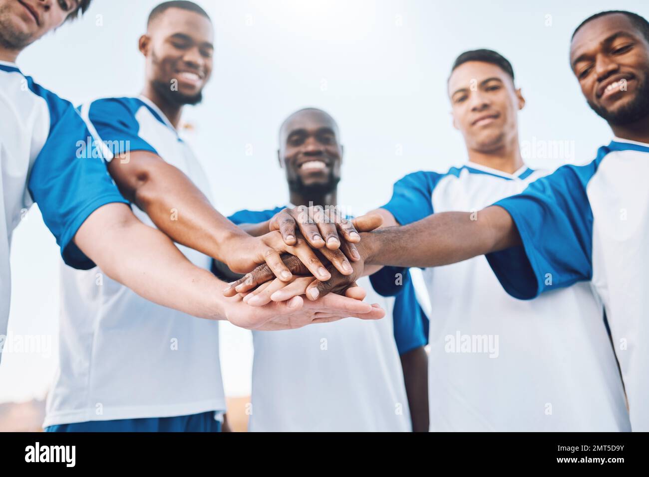 Sports, soccer and stack of hands of team for support, motivation and ...