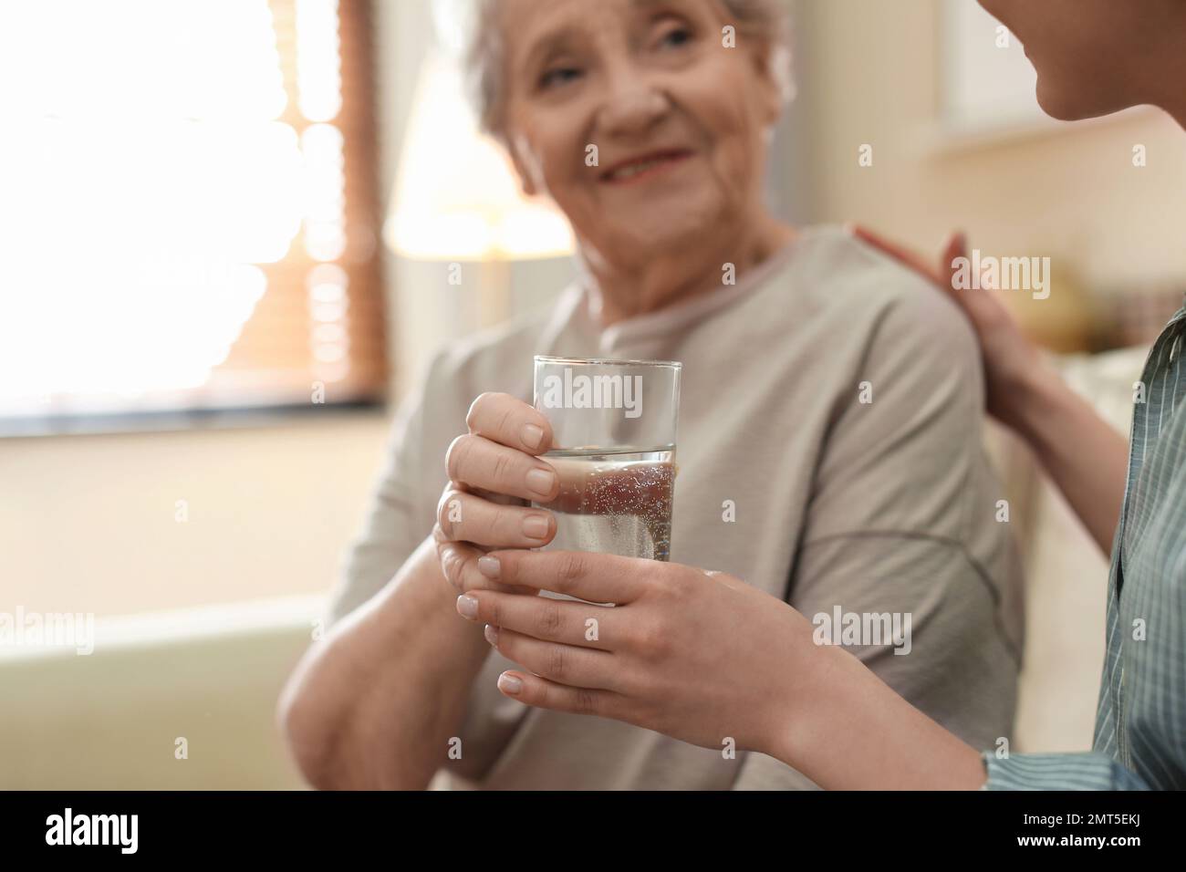 Young woman giving water to elderly lady indoors, focus on hands with ...