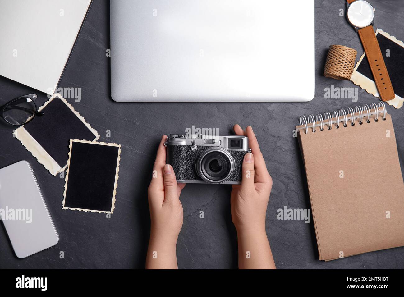 Professional designer with camera at workplace, top view Stock Photo ...