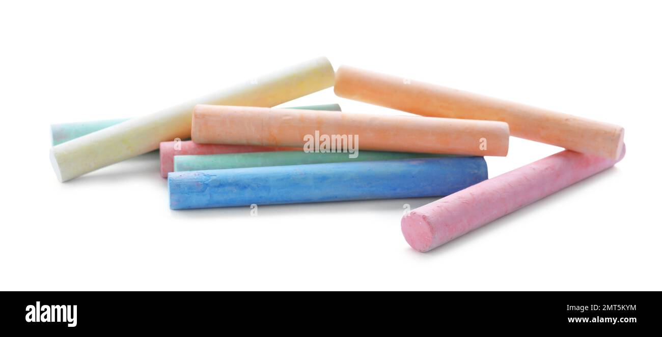 Color pieces of chalk on white background Stock Photo - Alamy