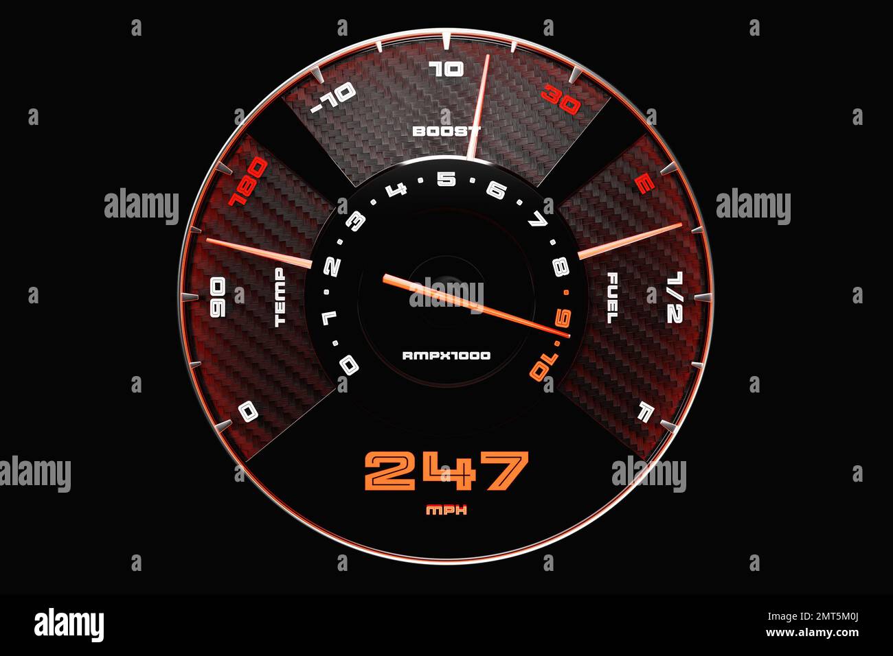 3D illustration new car interior details. Speedometer shows 247 km h , tachometer with black ...