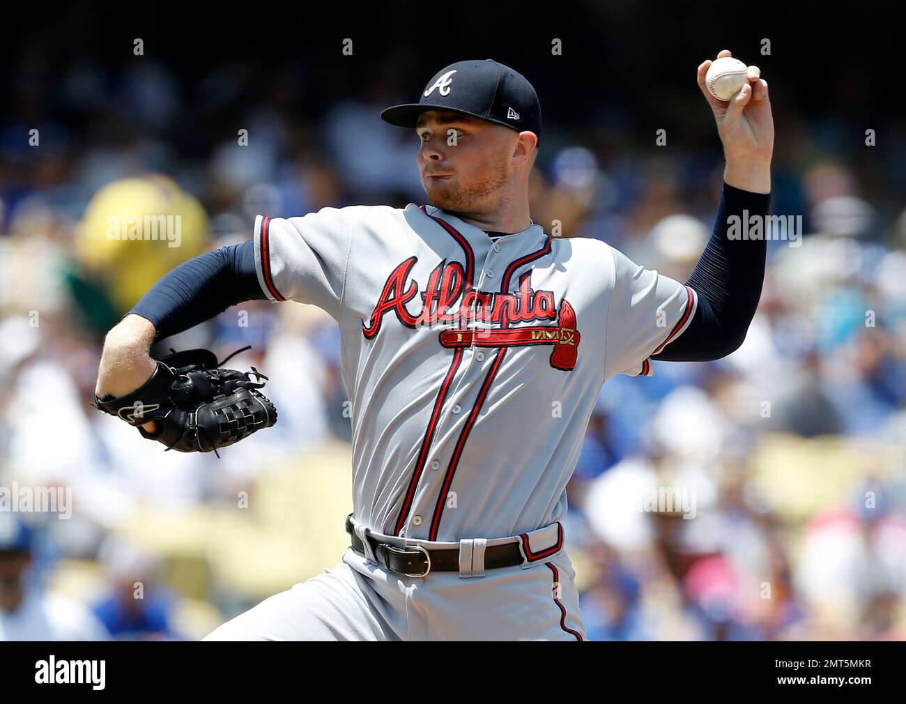 Atlanta Braves starting pitcher Sean Newcomb throws to the plate during ...