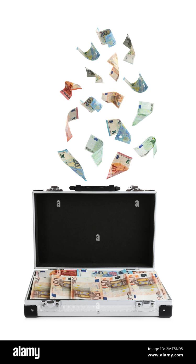 Metal case full of money on white background Stock Photo - Alamy