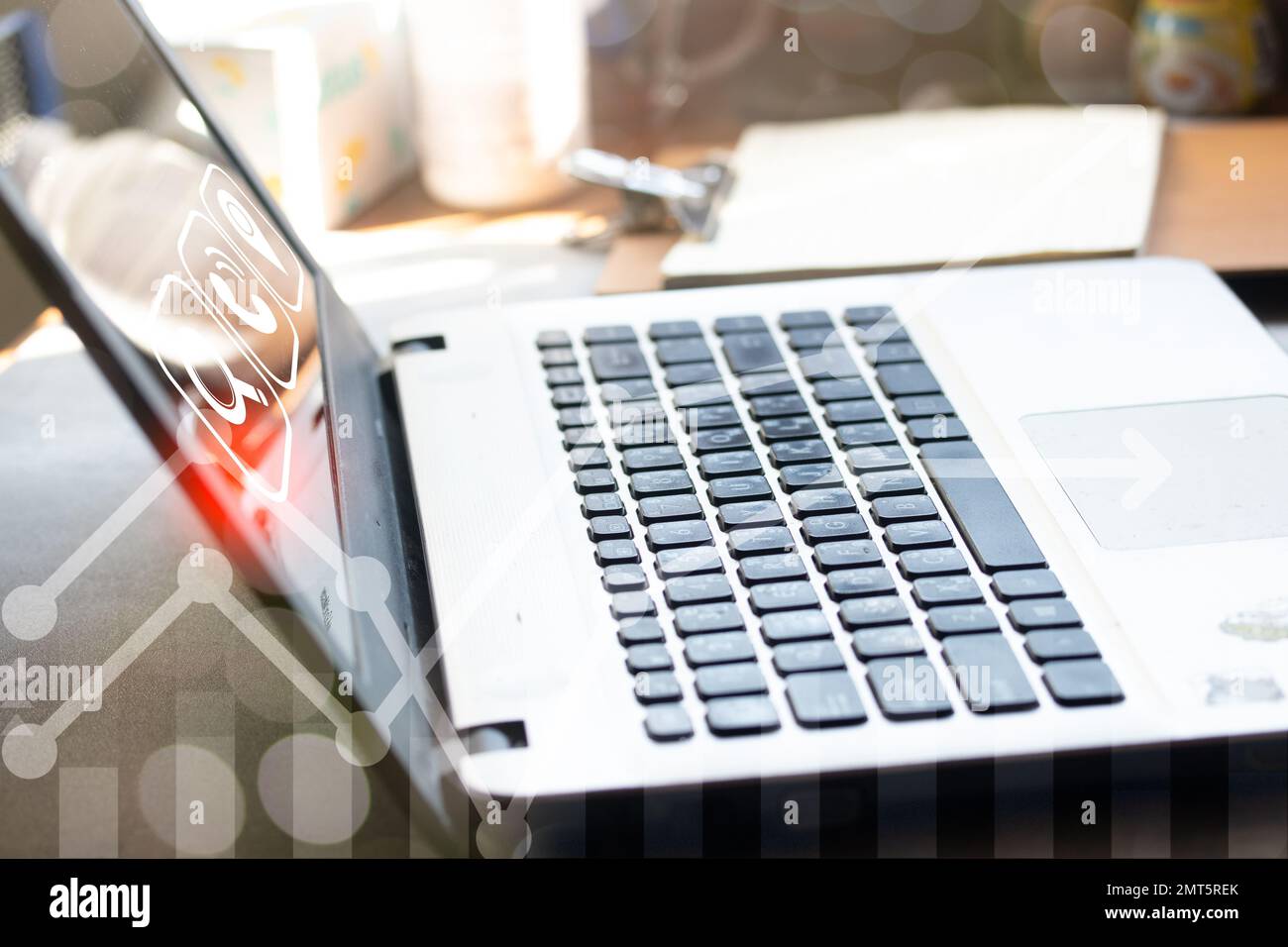Notebook with business work Hand using a laptop and touching on virtual ...