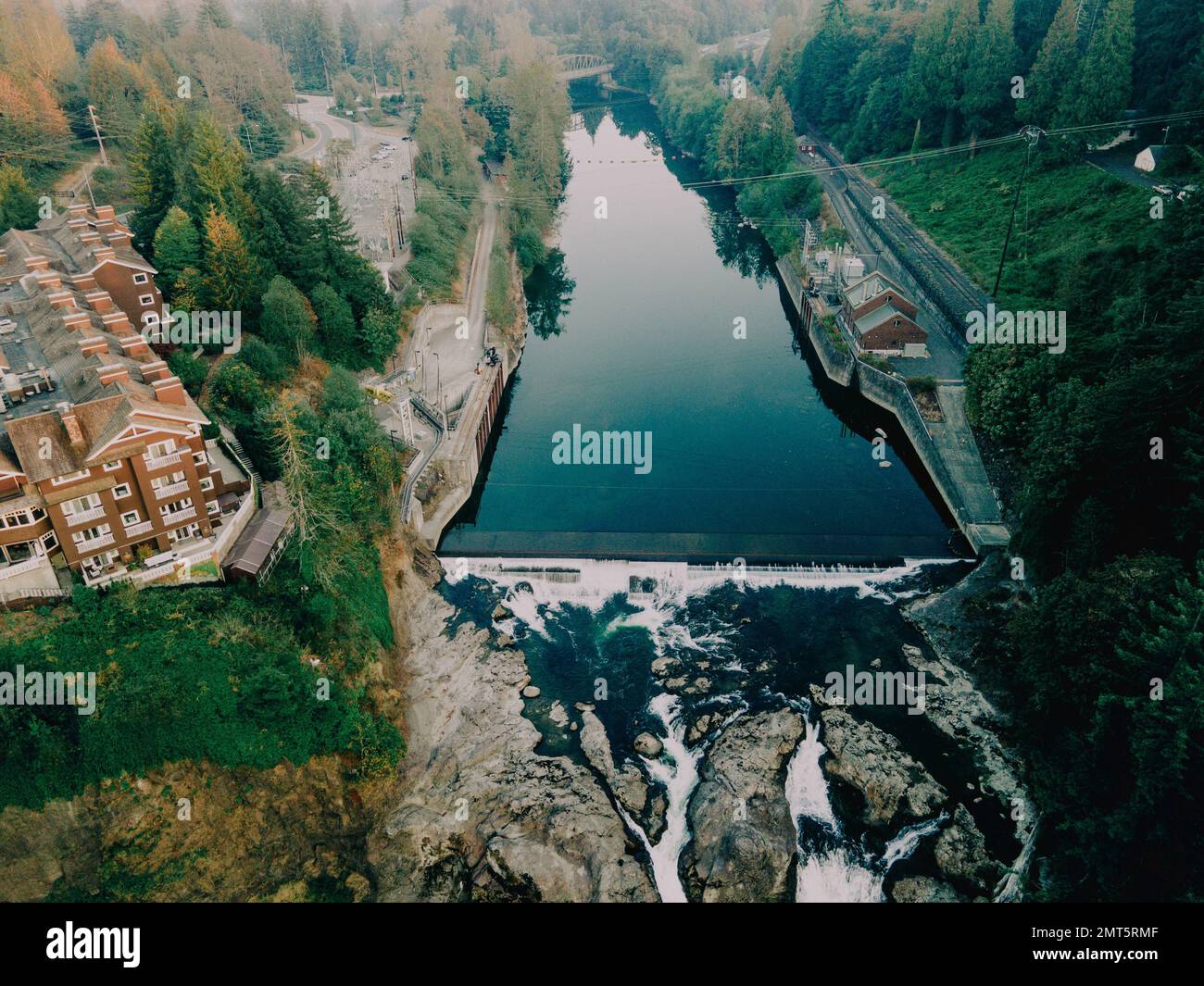 An aerial view of the snoqualmie waterfall from Snoqualmie WA, USA ...