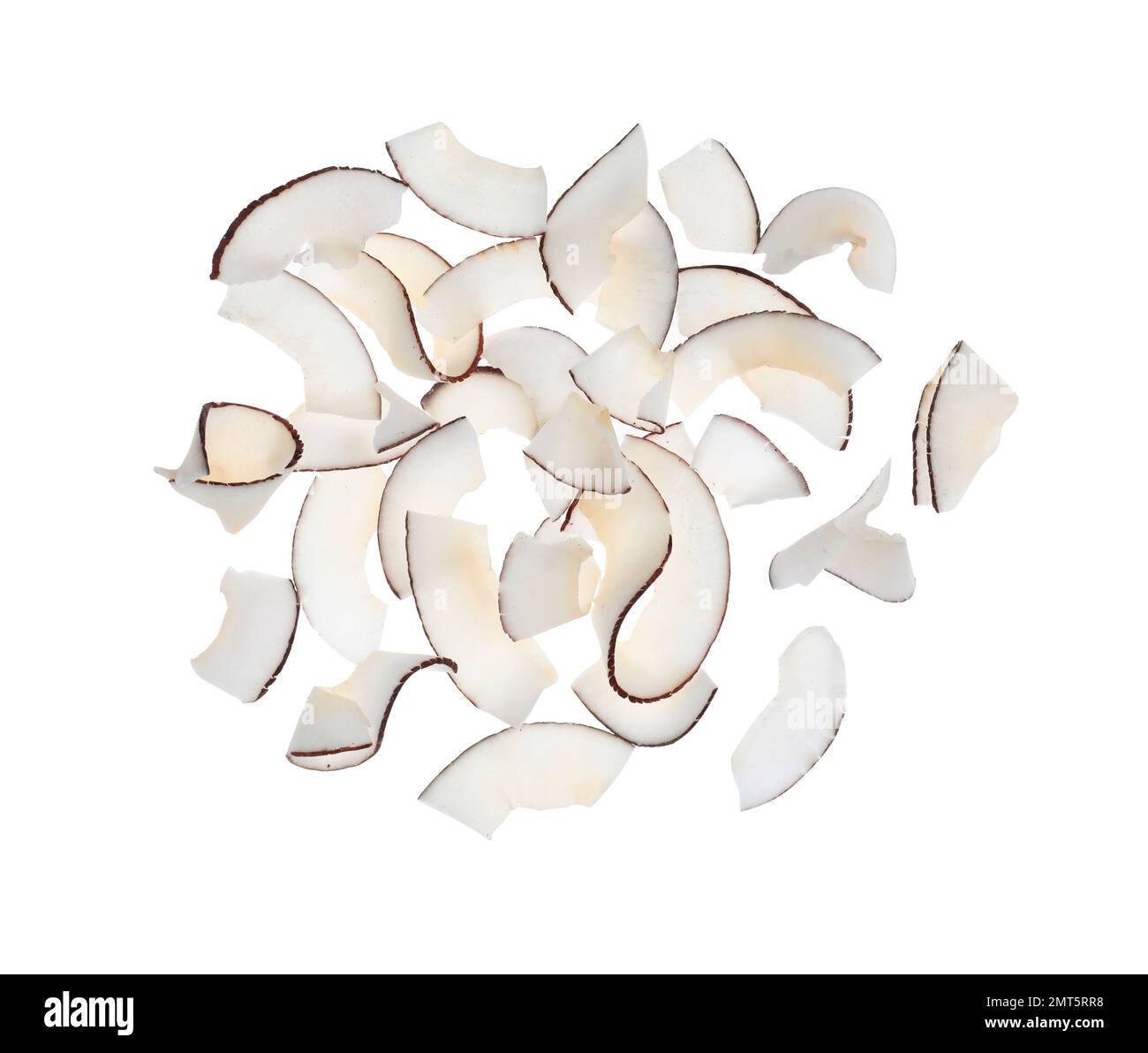 Fresh coconut flakes on white background, top view Stock Photo - Alamy