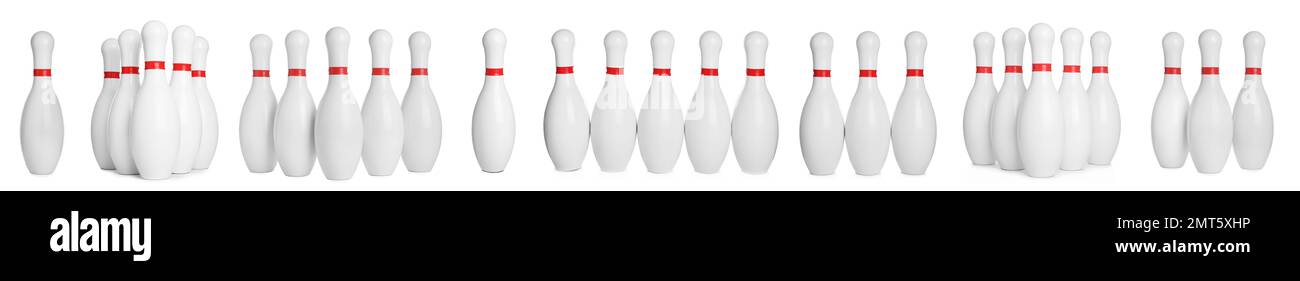 Set of bowling pins with red stripes on white background. Banner design ...