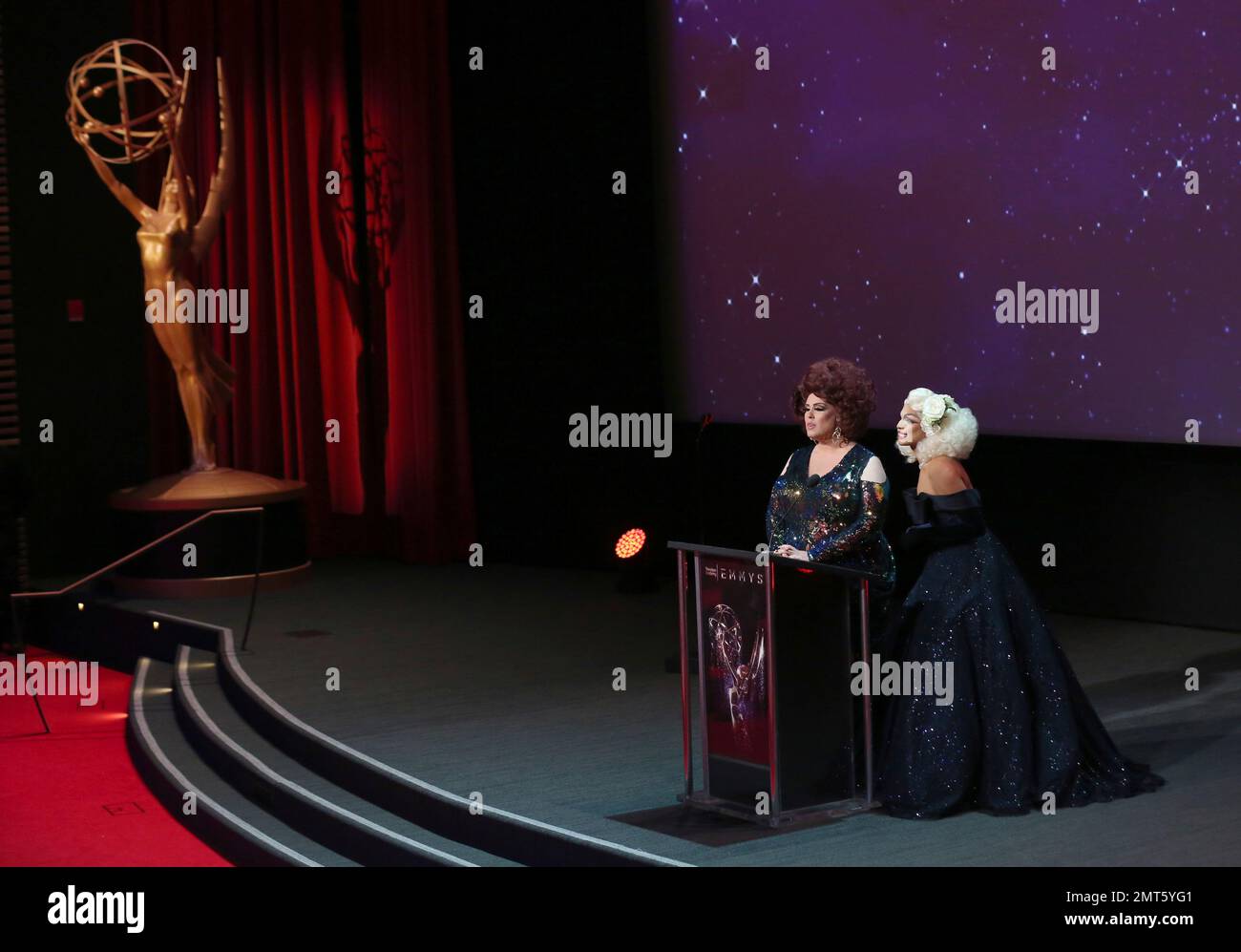 EXCLUSIVE - Delta Work, left, and Valentina present the Emmy for news ...