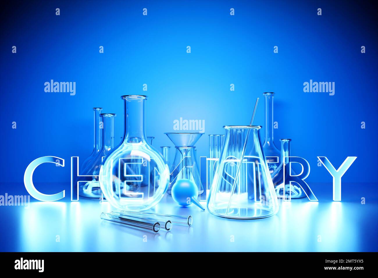 3D illustration laboratory glass equipment, test tubes and flasks on ...